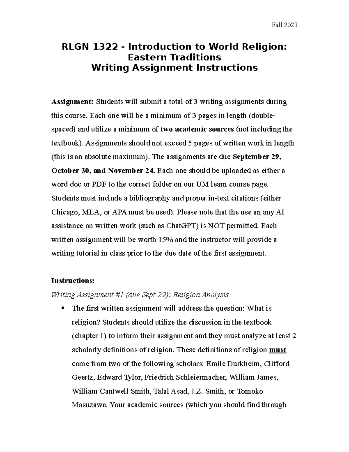 RLGN 1322 Writing Assignment Instructions Fall 2023 - Fall 2023 RLGN 1322 - Introduction to ...