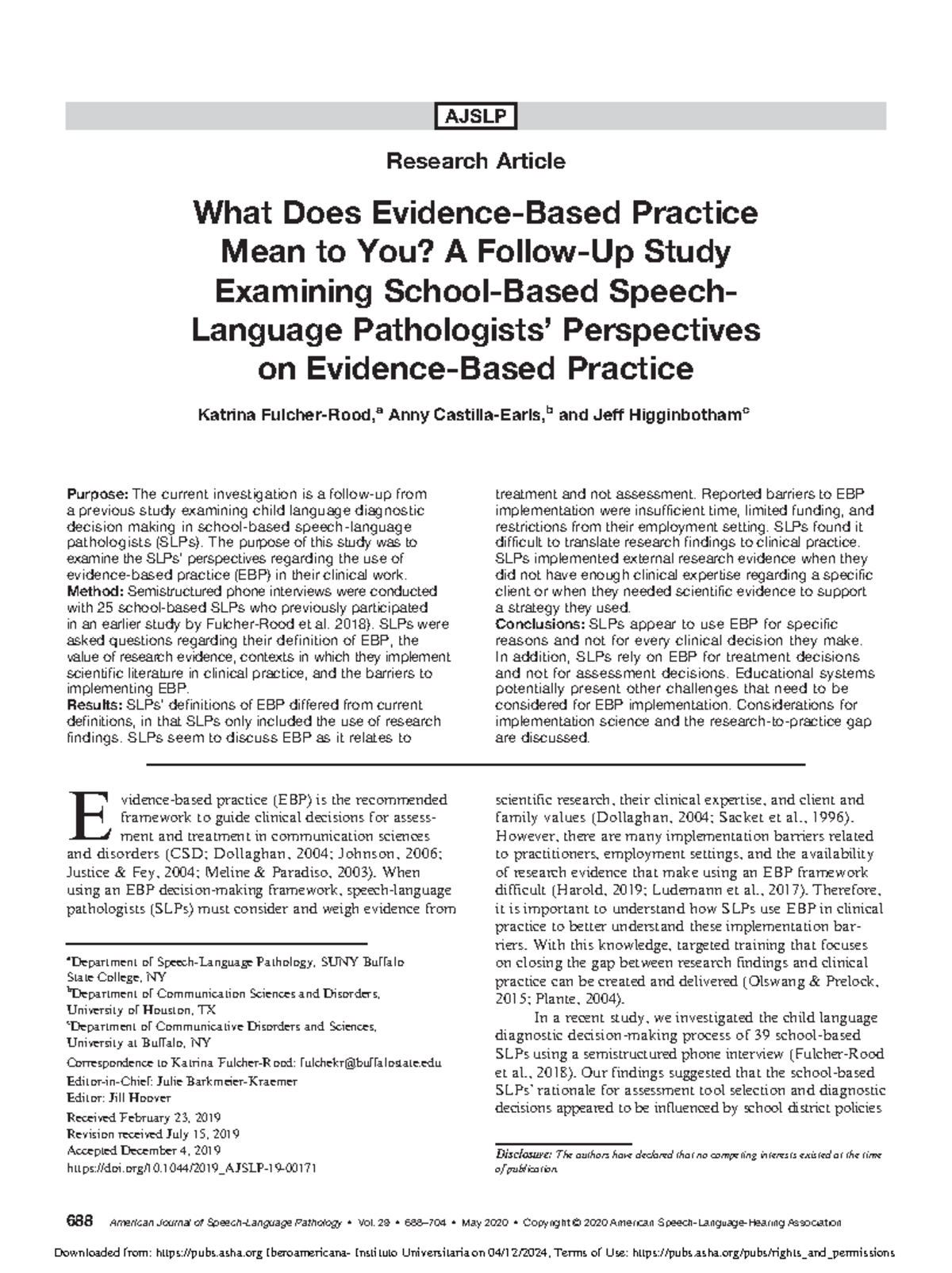 Fulcher rood et al 2020 what does evidence based practice mean to you a ...