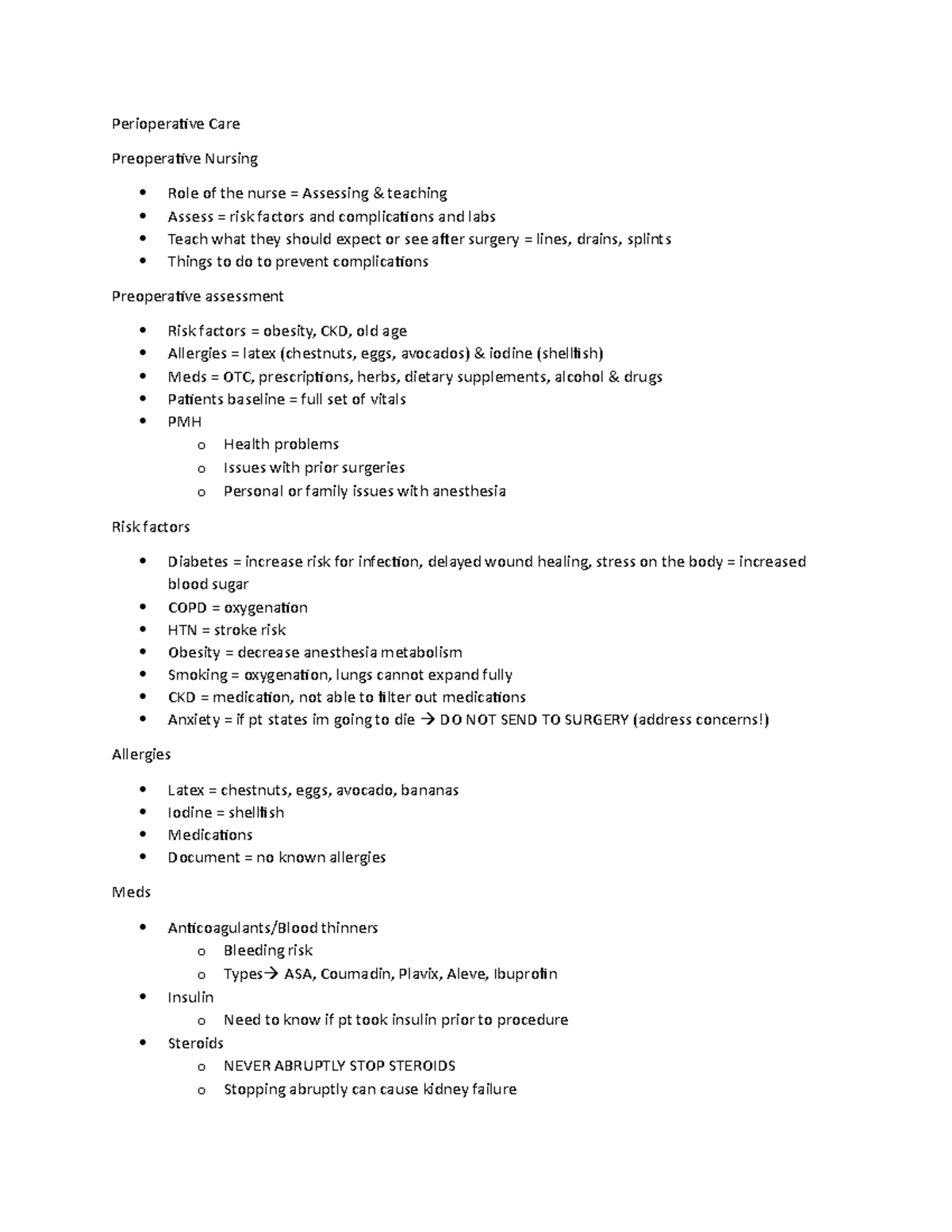 Med surg tutoring notes 1 - Perioperative Care Preoperative Nursing ...