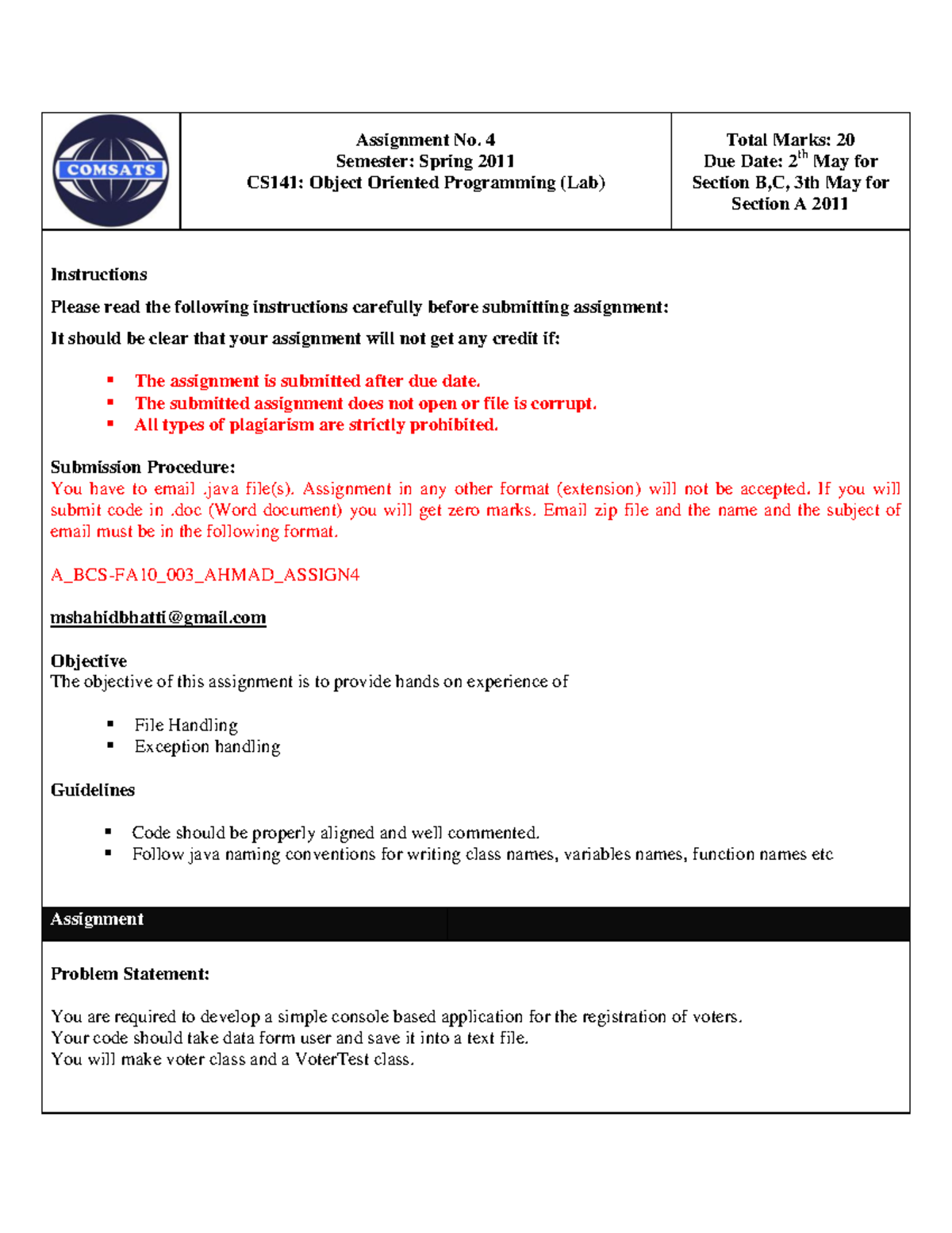 Fall2011 CS141 4 1 - General - Assignment No. 4 Semester: Spring 2011 CS141: Object Oriented ...