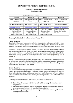 Tutorial Set Two - UNIVERSITY OF GHANA BUSINESS SCHOOL UGBS 301 – QUANTITATIVE METHODS FOR ...