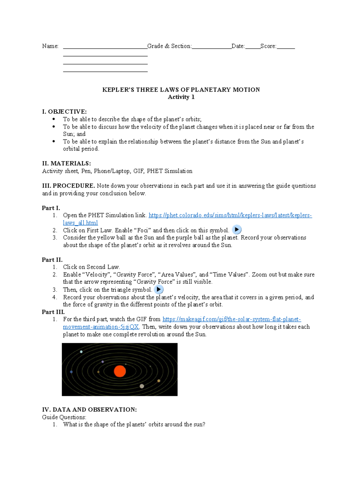 Keplers-Three-Laws-of-Planetary-Motion-Activity - Name: Grade & Section ...