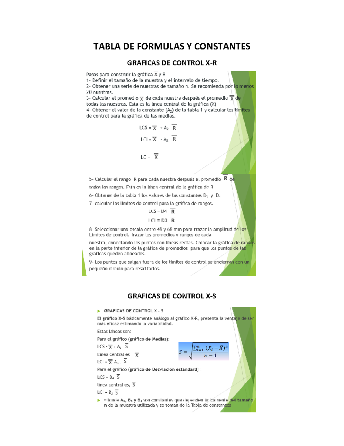 Formulas Constantes - apuntes - Control De Procesos - TABLA DE FORMULAS ...