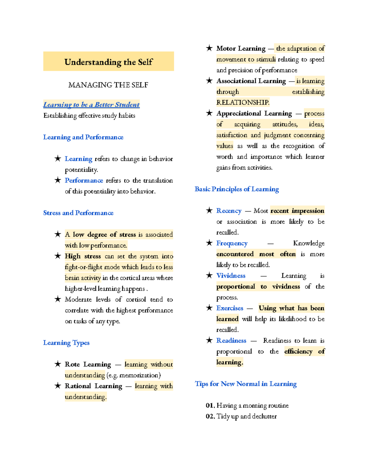 UTS Reviewer - Understanding the Self MANAGING THE SELF Learning to be ...