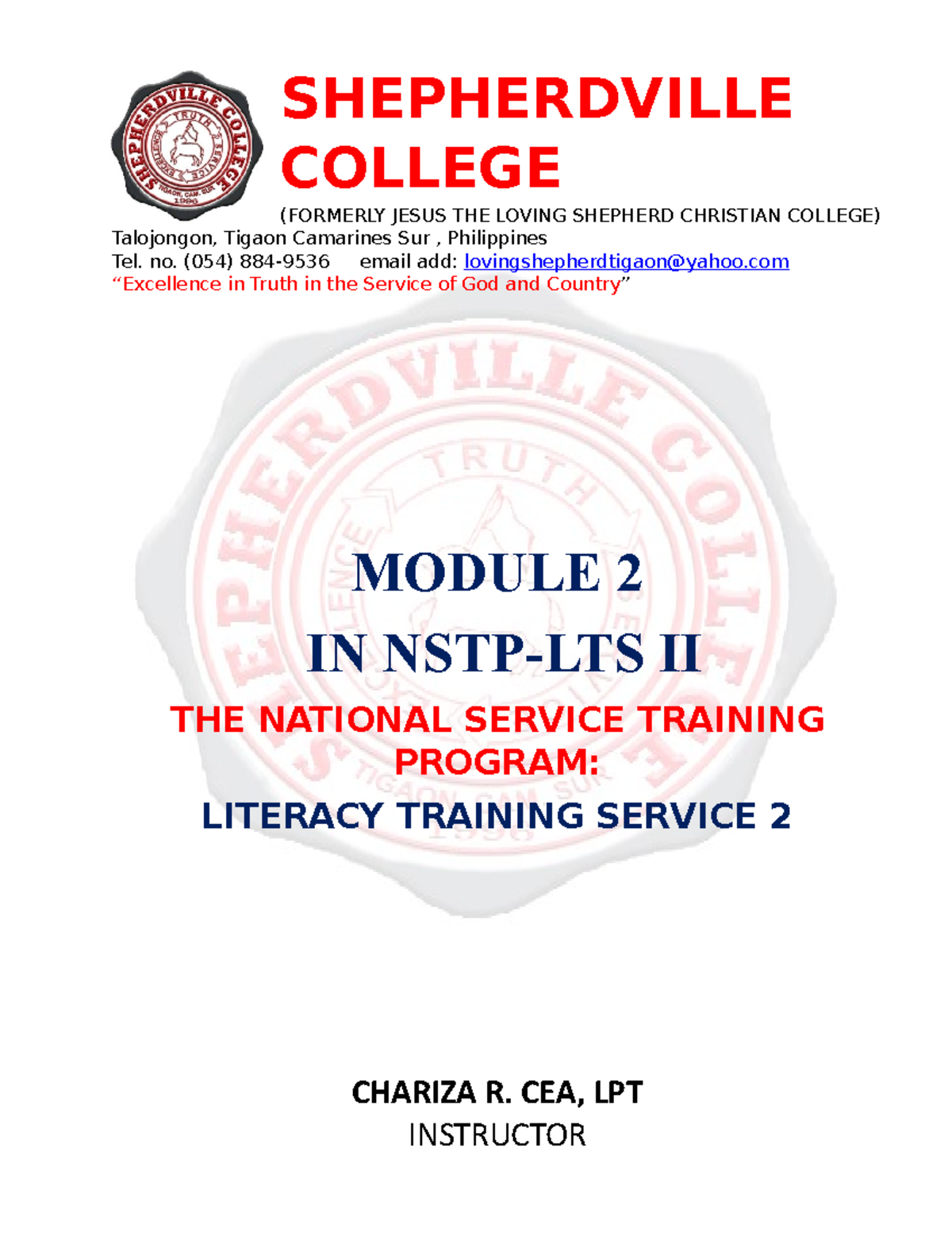 Module 2 in NSTP LTS II - NSTP - SHEPHERDVILLE COLLEGE (FORMERLY JESUS ...