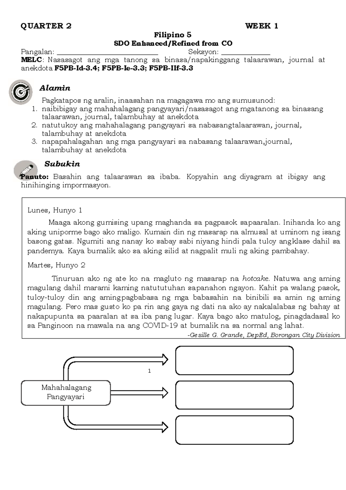 Filipino 5 Q2 Module 1 WK1 - 1 QUARTER 2 WEEK 1 Filipino 5 SDO Enhanced/Refined from CO Pangalan ...
