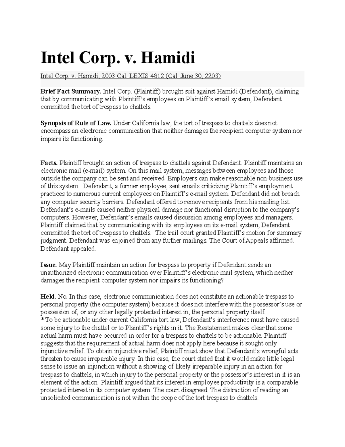 Torts Briefs 1-27 - summaries from class - Intel Corp. v. Hamidi Intel ...