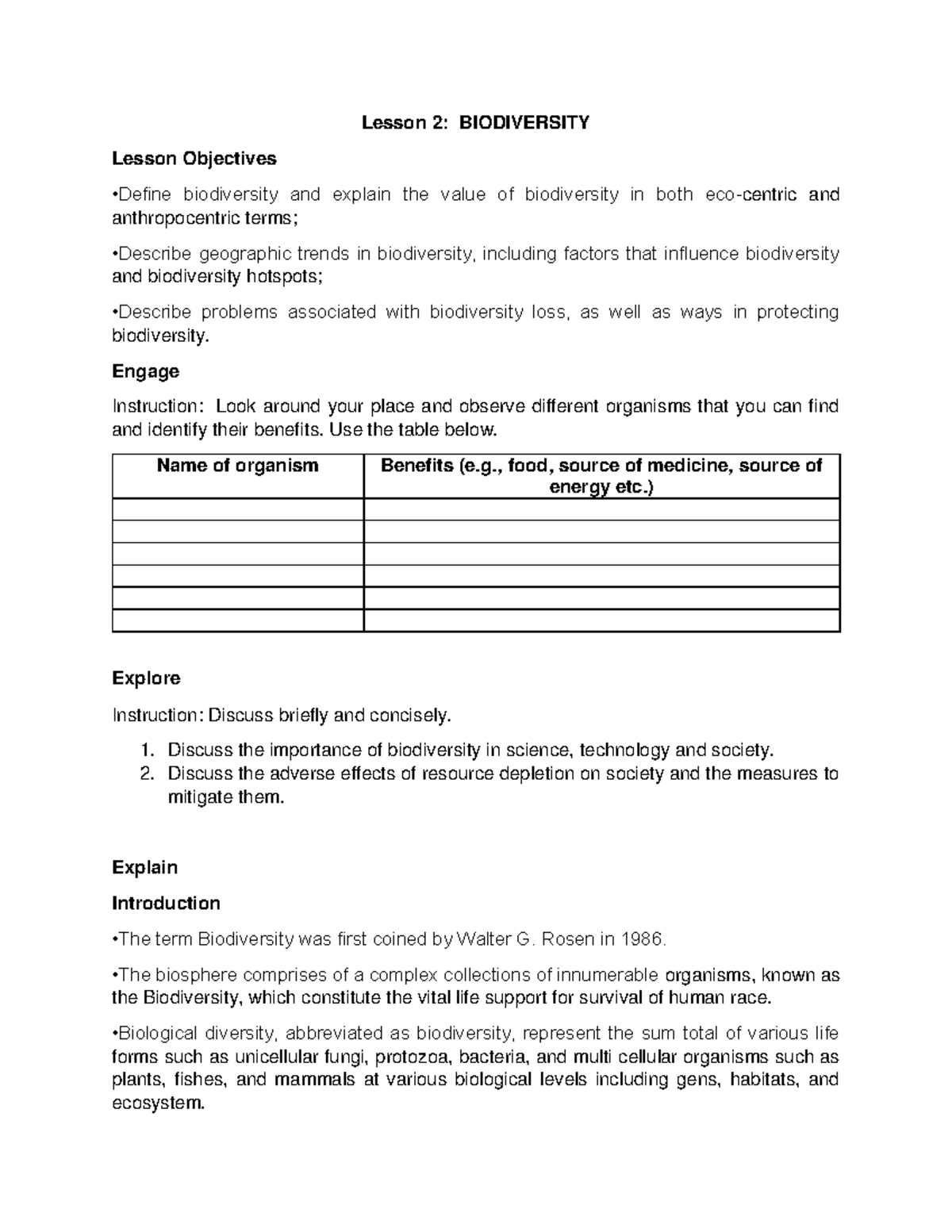 Lesson 2 Biodiversity 1 - Lesson 2: BIODIVERSITY Lesson Objectives ...