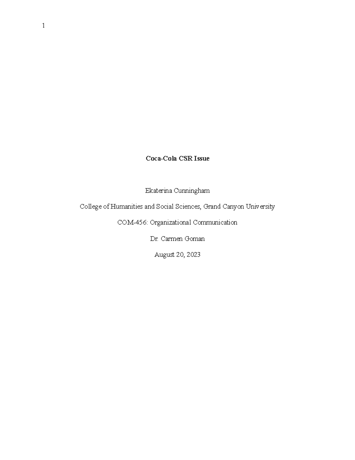 COM456 Coca-Cola CSR Issue - Coca-Cola CSR Issue Ekaterina Cunningham ...