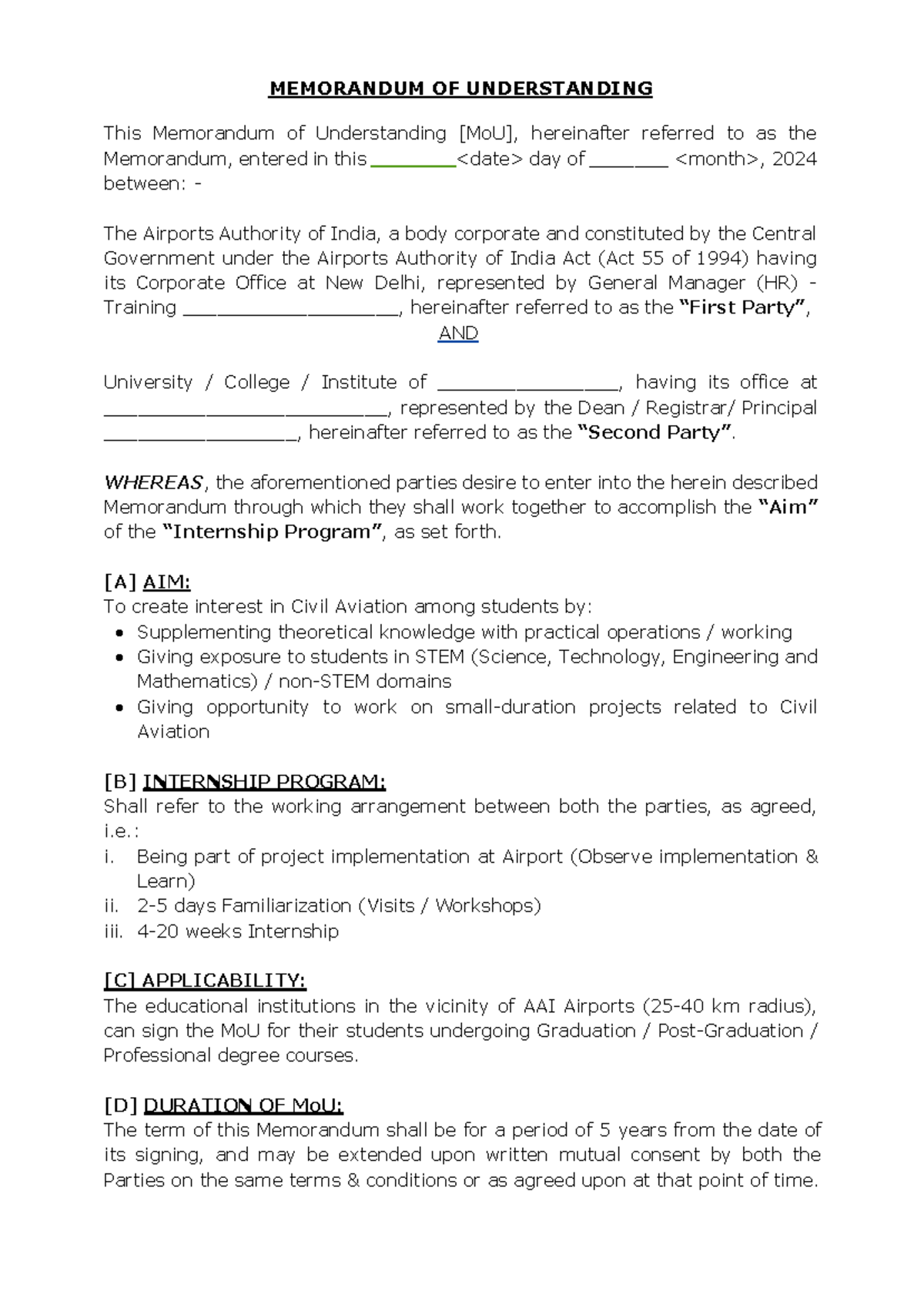 Mo U-Internship - Very imp. - MEMORANDUM OF UNDERSTANDING This ...