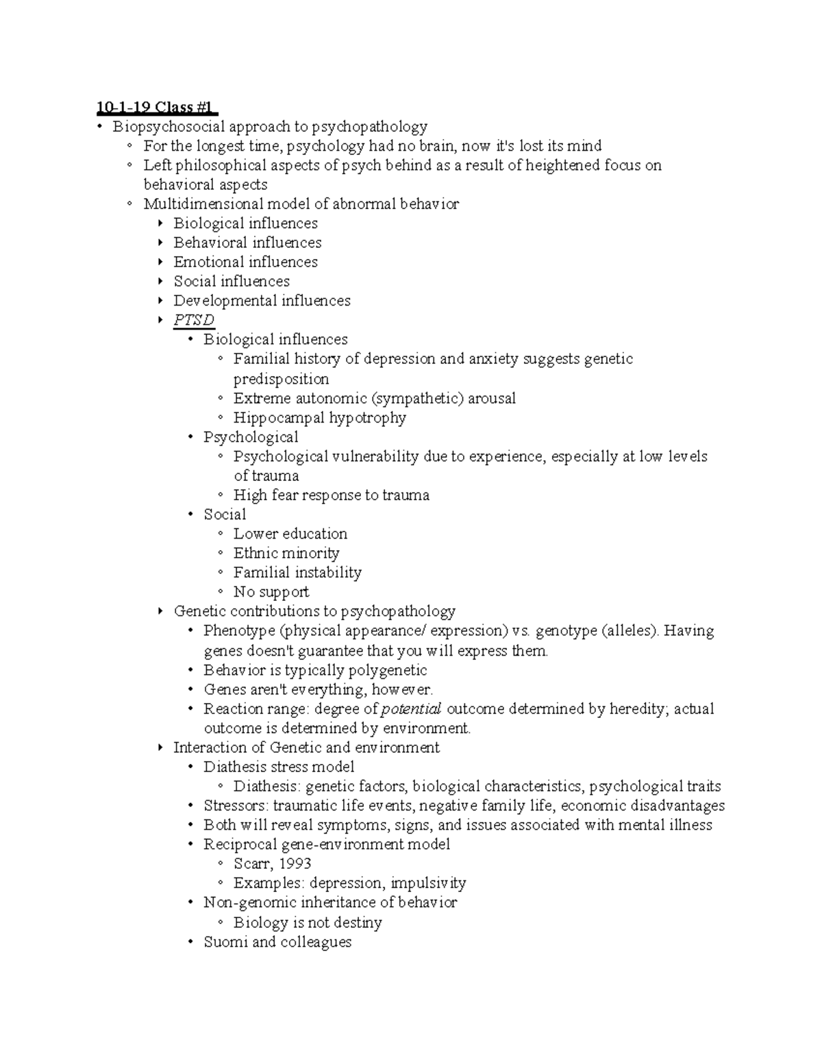 Psych 100 Final Study Guide - 10-1-19 Class # Biopsychosocial approach ...