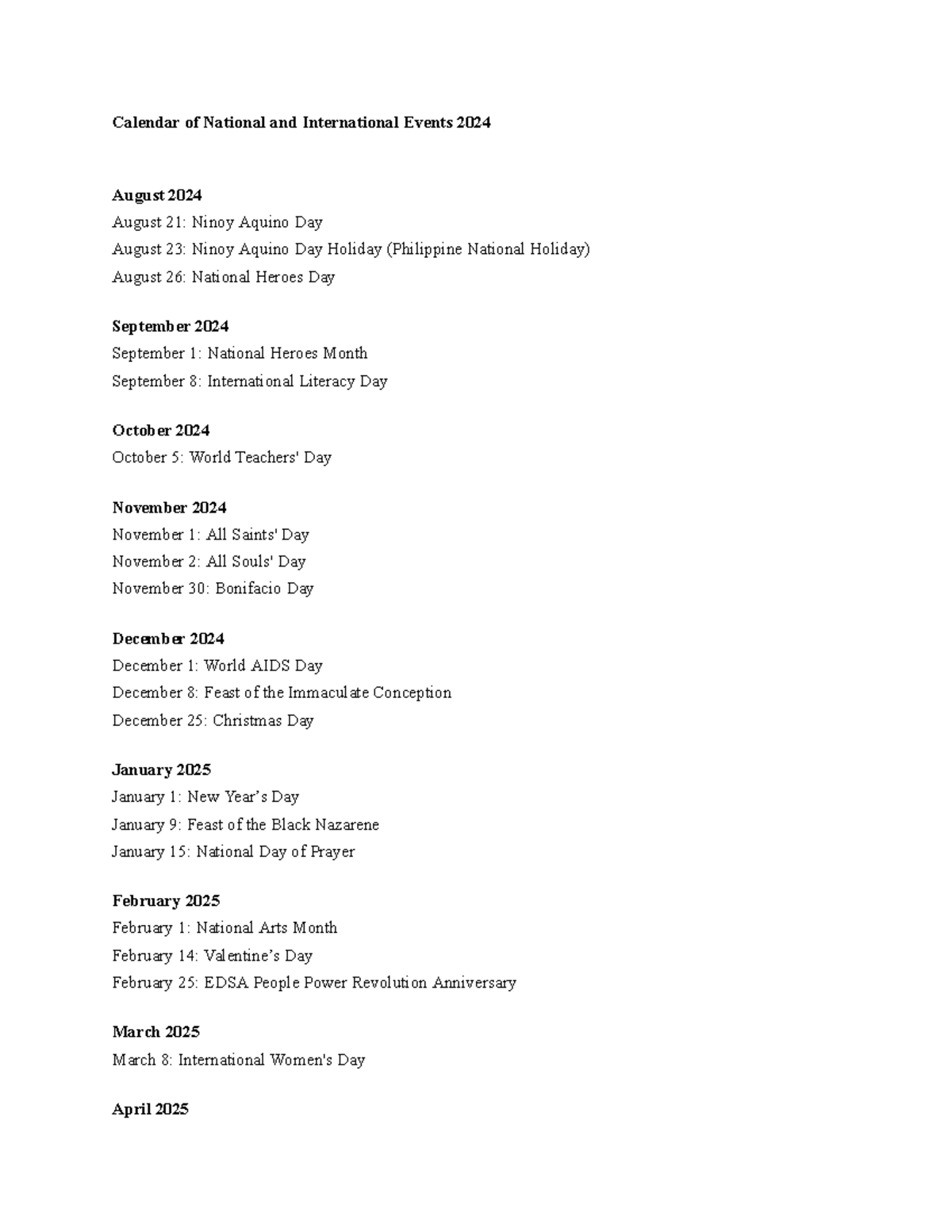 Calendar of National and International Events - Studocu