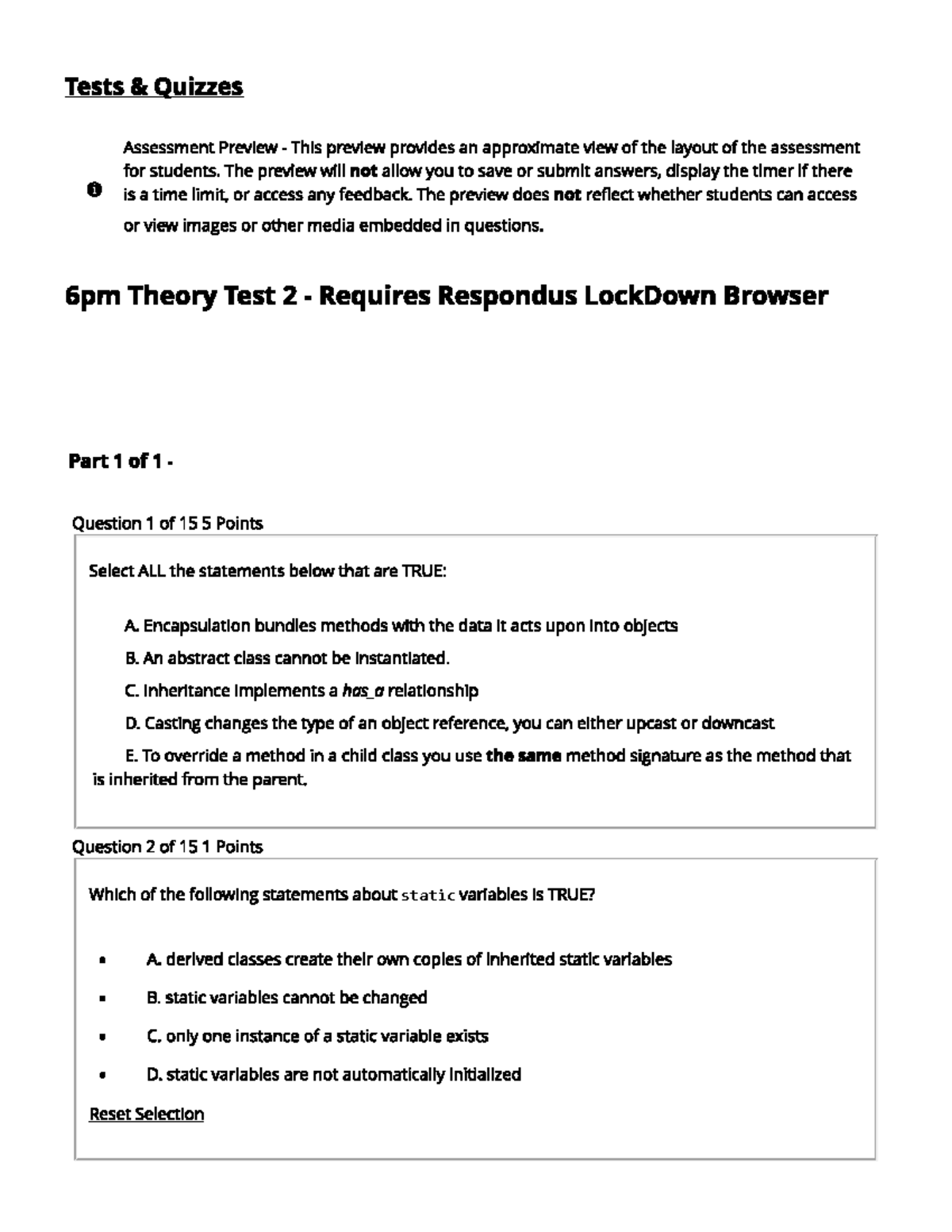 CSC1016S 2022 Theory Test 2 - static @Override @Override String ...