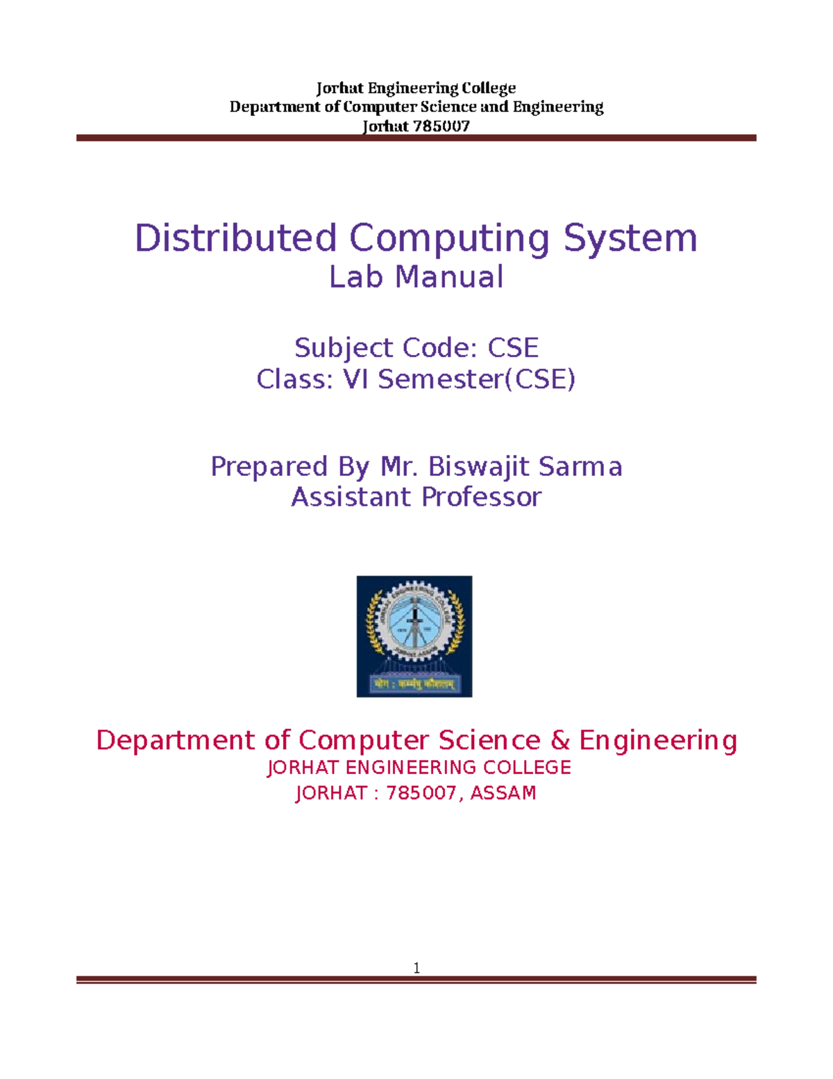 DC manual - DISTRIBUTED COMPUTING - Department of Computer Science and Engineering Jorhat 785007 ...
