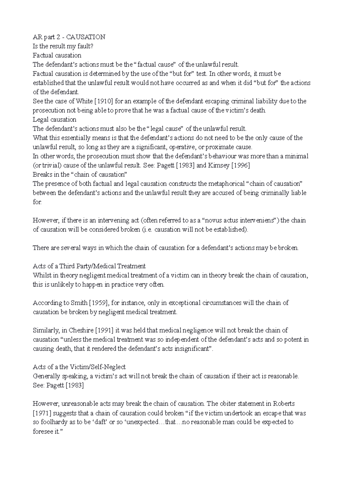 Causation Lecture Notes 2 Ar Part 2 Causation Is The Result My Fault Factual Causation