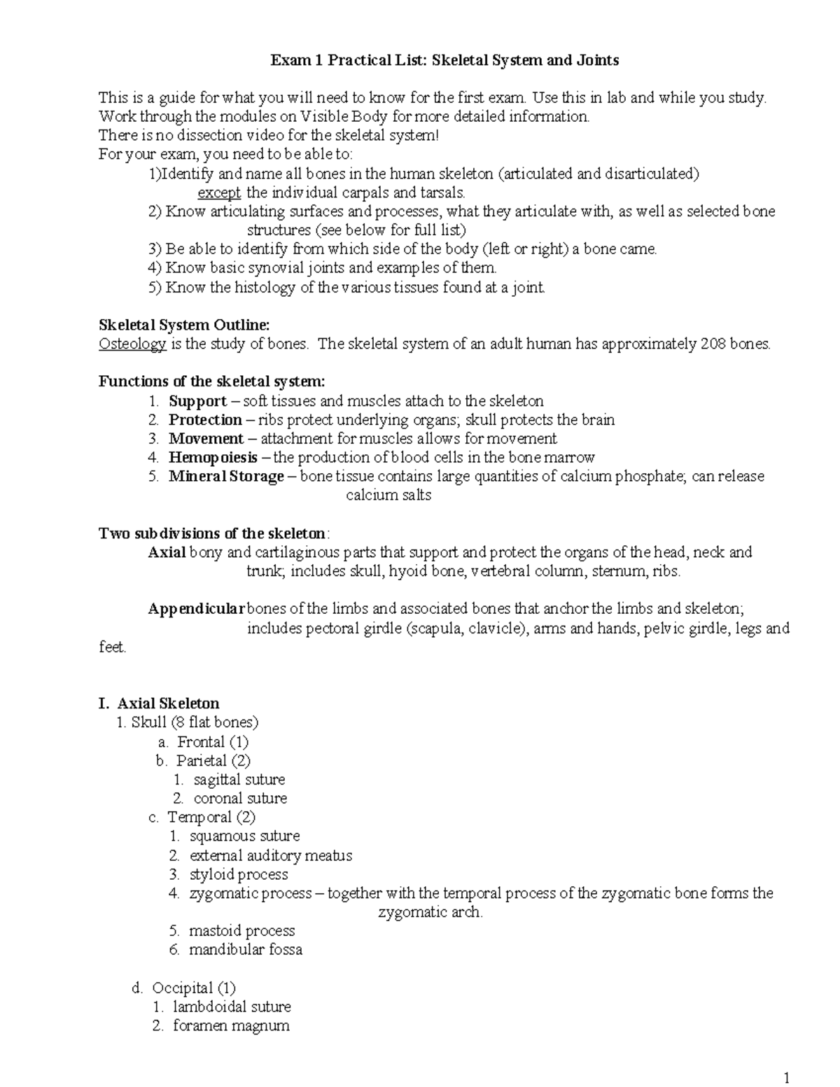 Exam 1 Practical List Bones - Exam 1 Practical List: Skeletal System ...