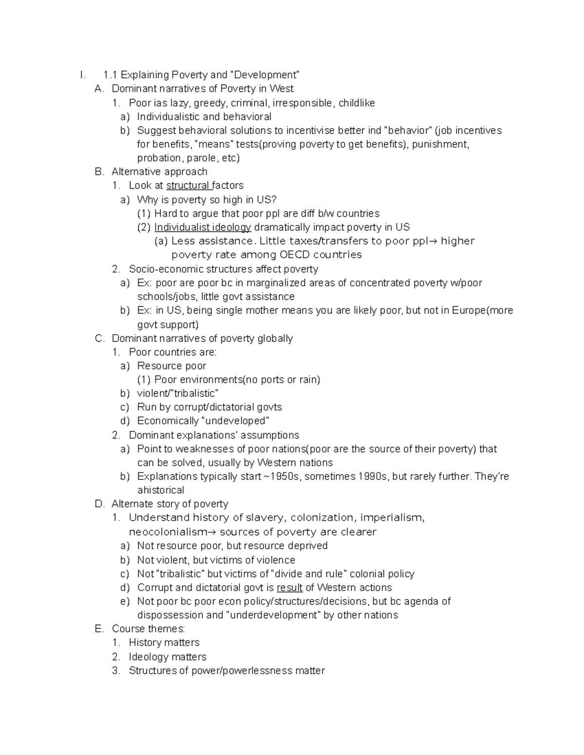 GPP115 notes - I. 1 Explaining Poverty and “Development” A. Dominant ...