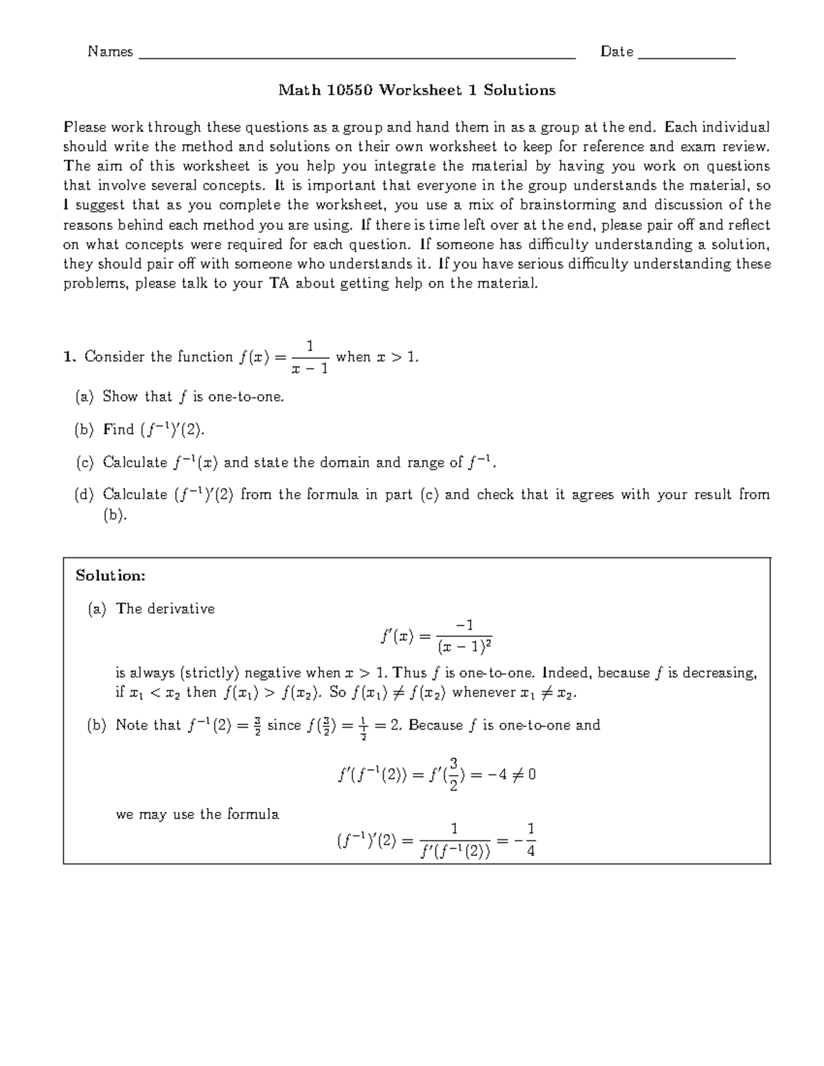 Worksheet 1 solutions - Names Date Math 10550 Worksheet 1 Solutions ...