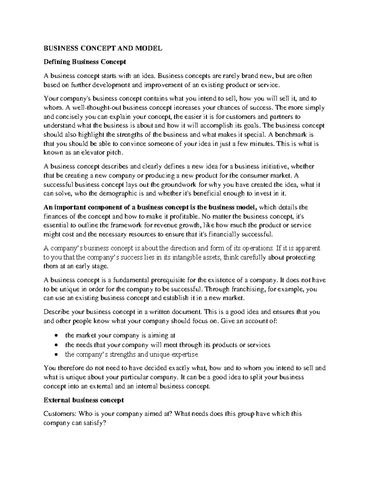 Business Concept AND Model - BUSINESS CONCEPT AND MODEL Defining ...