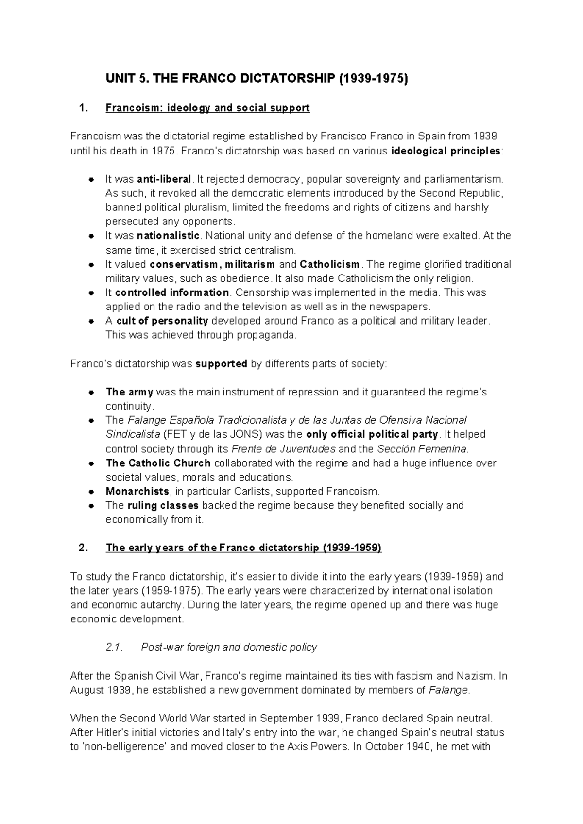 UNIT 5. The Franco Dictatorship - UNIT 5. THE FRANCO DICTATORSHIP (1939 ...