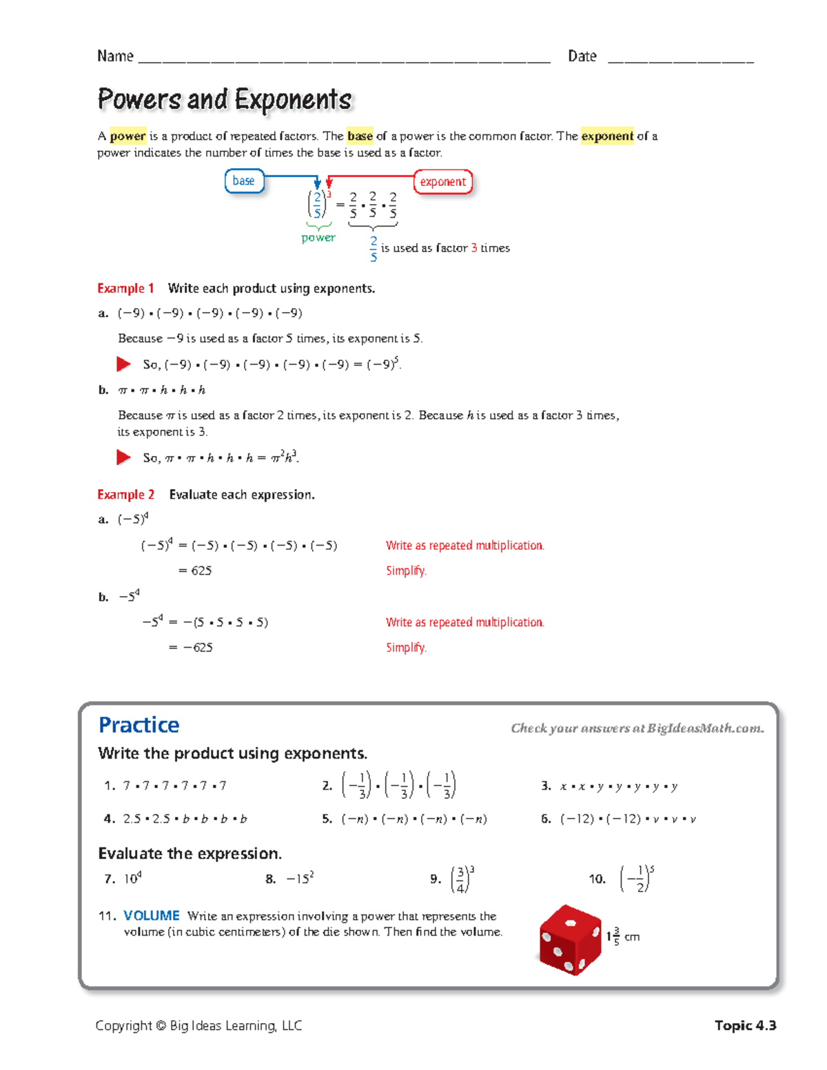 Powers and Exponents High School Math Worksheet + Notes and Examples ...