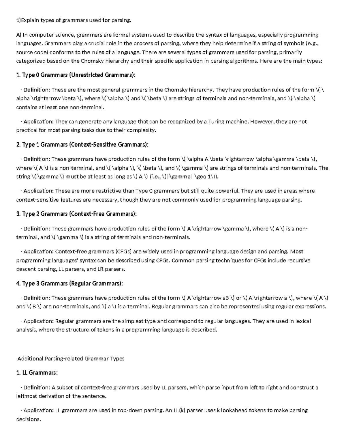 CD - nba - 1)Explain types of grammars used for parsing. A) In computer ...