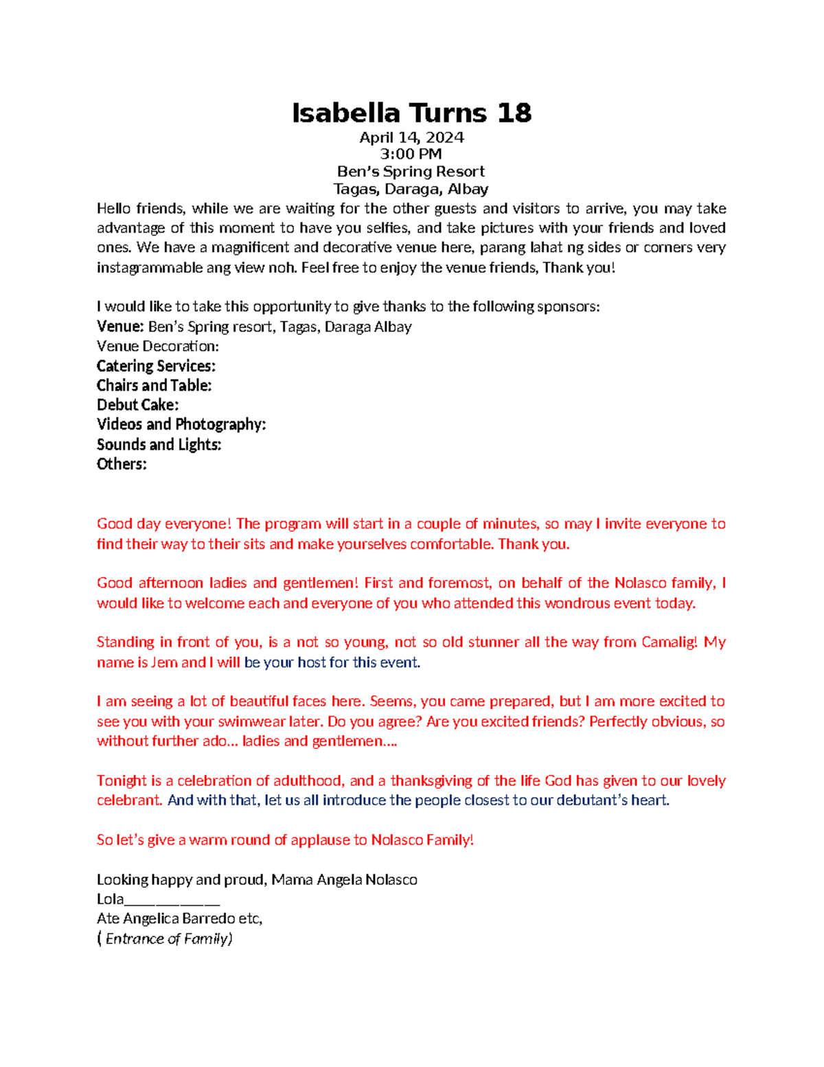 349087555 Hosting Script for Debut - Isabella Turns 18 April 14, 2024 3 ...