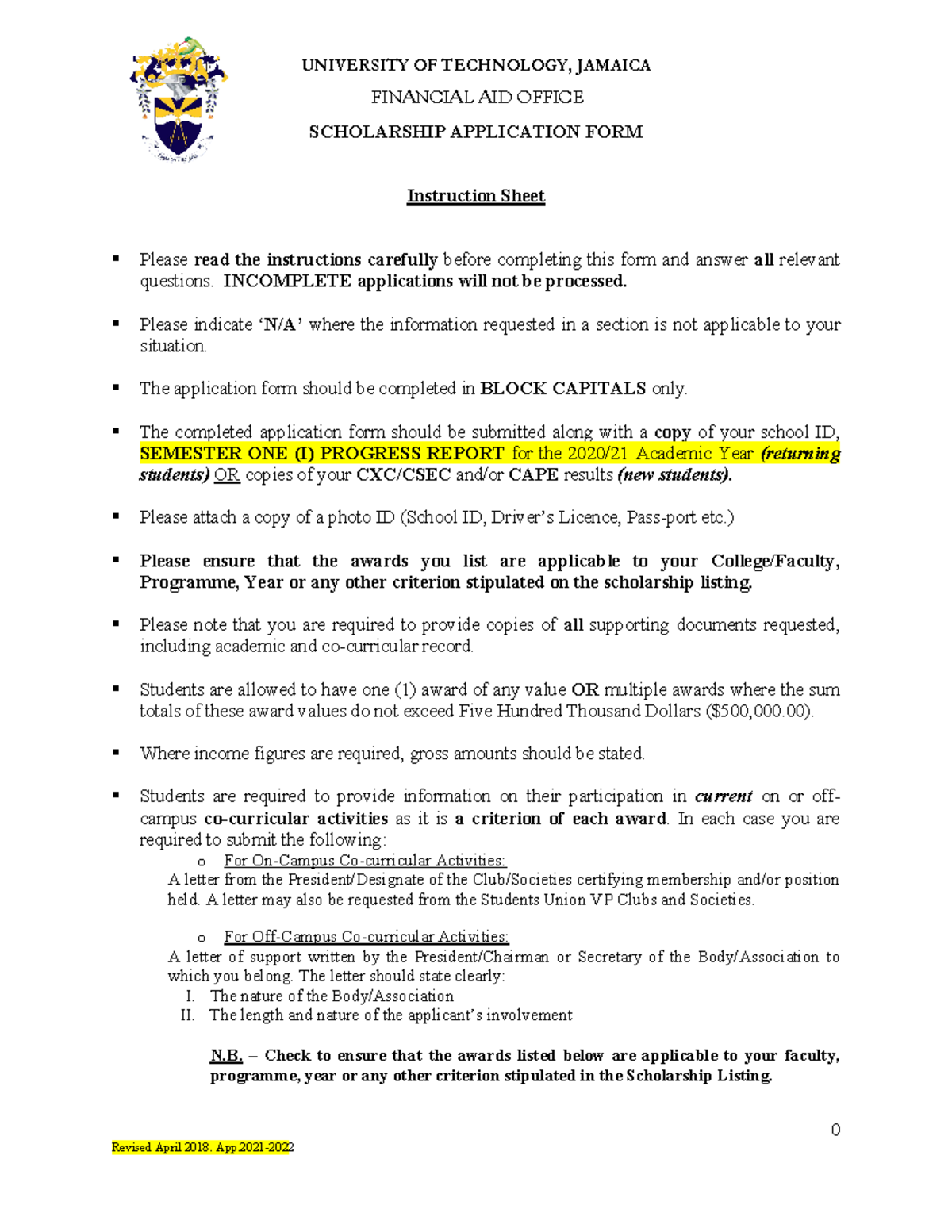 Scholarship Application Form 2021-2022 - FINANCIAL AID OFFICE ...