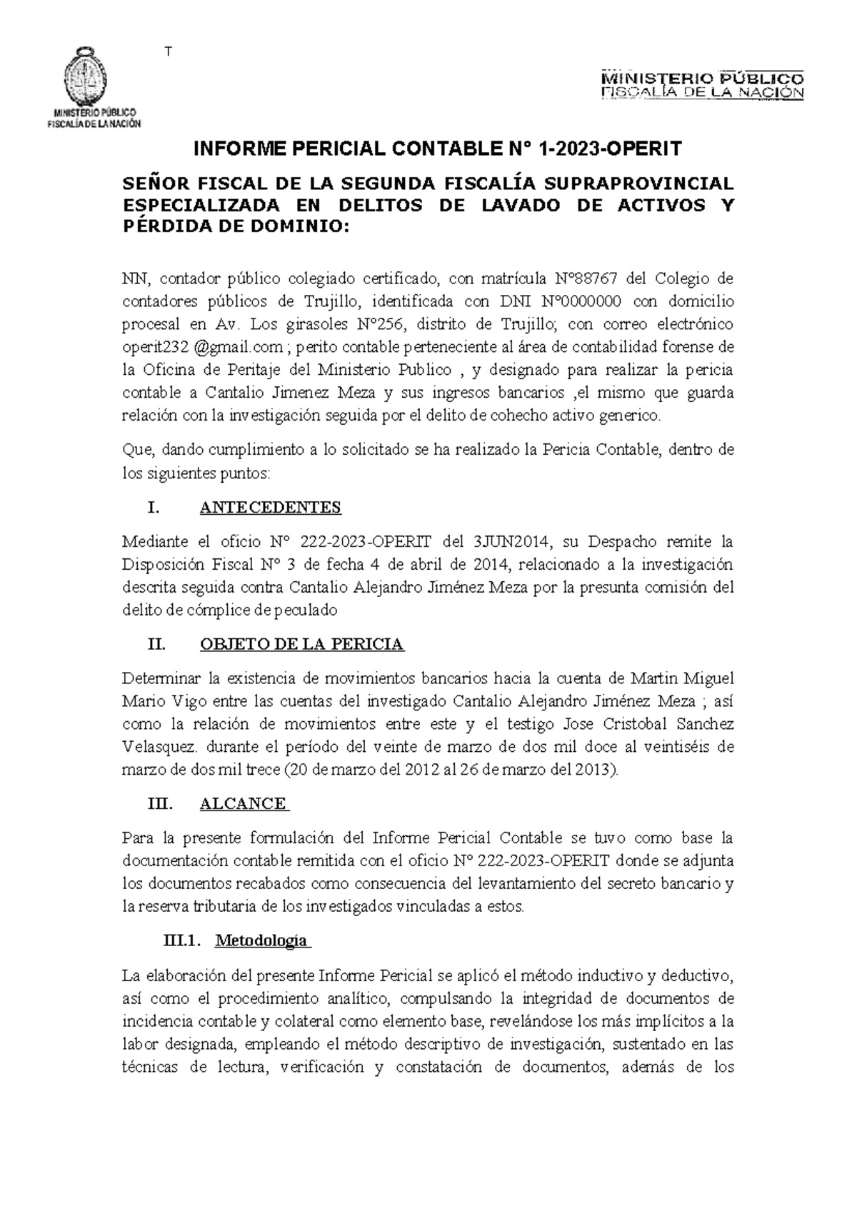 Informe Pericial Contable - T INFORME PERICIAL CONTABLE N° 1-2023 ...