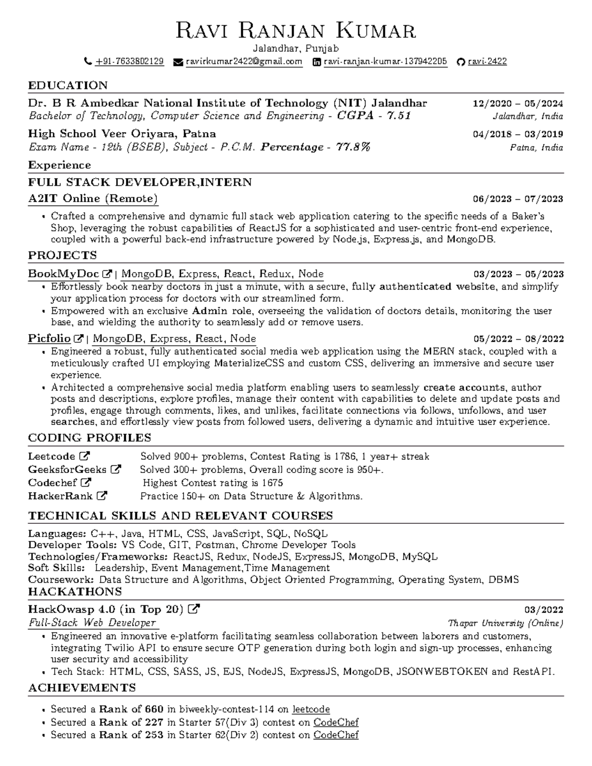 Resume - Ravi Ranjan Kumar Jalandhar, Punjab Ó +91-7633802129 R ...