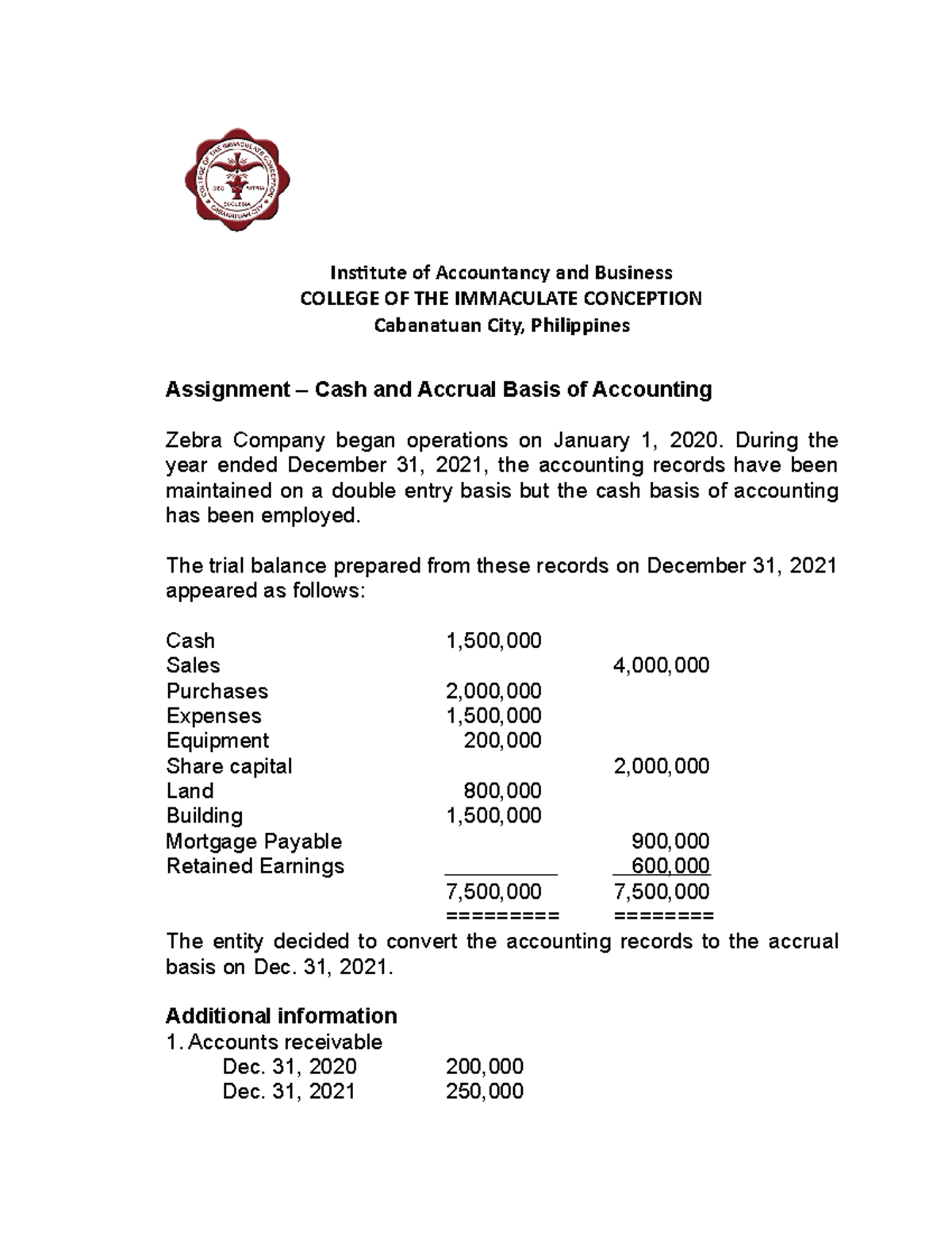 Assignment - module 12 cash and accrual basis of acctg - Institute of Accountancy and Business ...