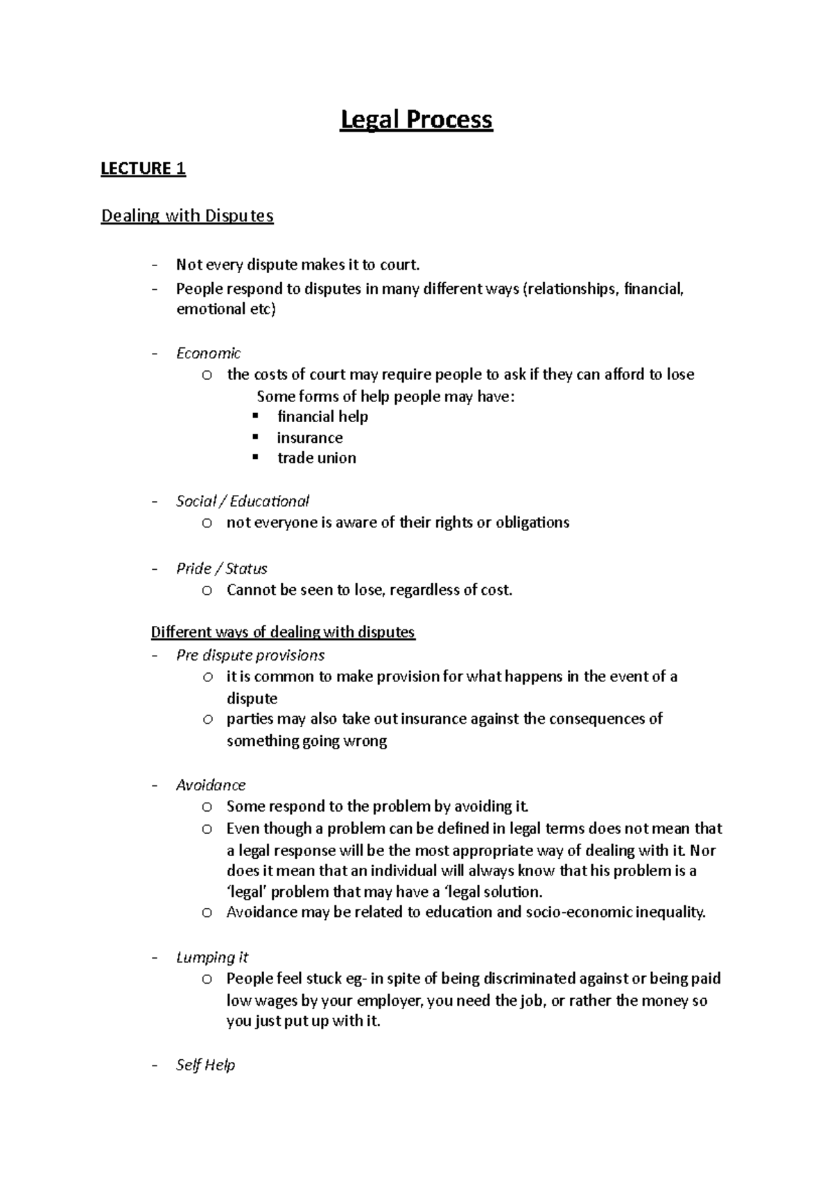Legal Process - Lecture notes 1-5 - Legal Process LECTURE 1 Dealing ...