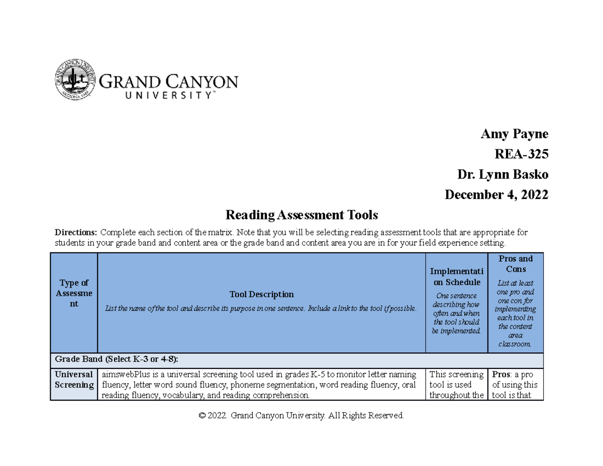 REA-325 T3 Reading Assessment Tools - Amy Payne REA- Dr. Lynn Basko ...