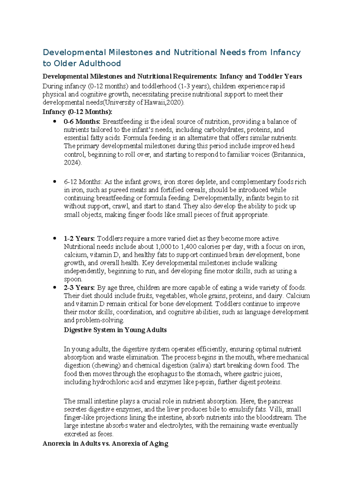 Assignment Activity 7, Nutrition - Developmental Milestones and ...