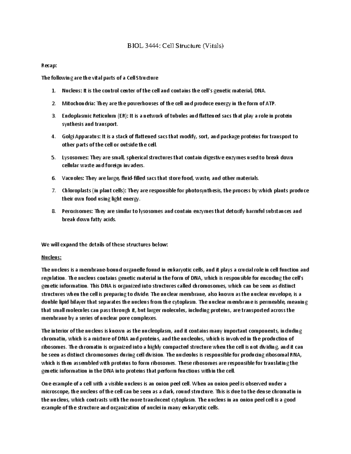 Cell Structure (Nucleus, Mitocondria, and Vacuoles) - BIOL 3444: Cell ...