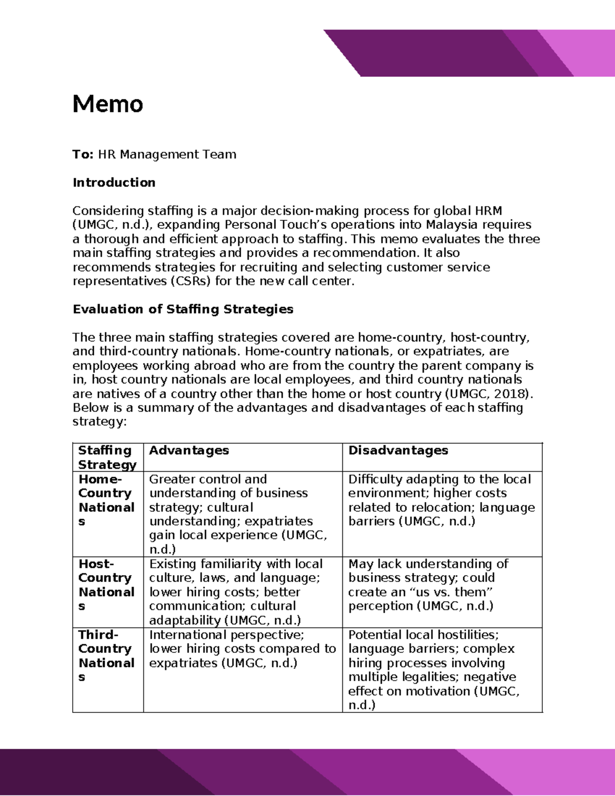 Case Study Part 1 - Memo To: HR Management Team Introduction ...