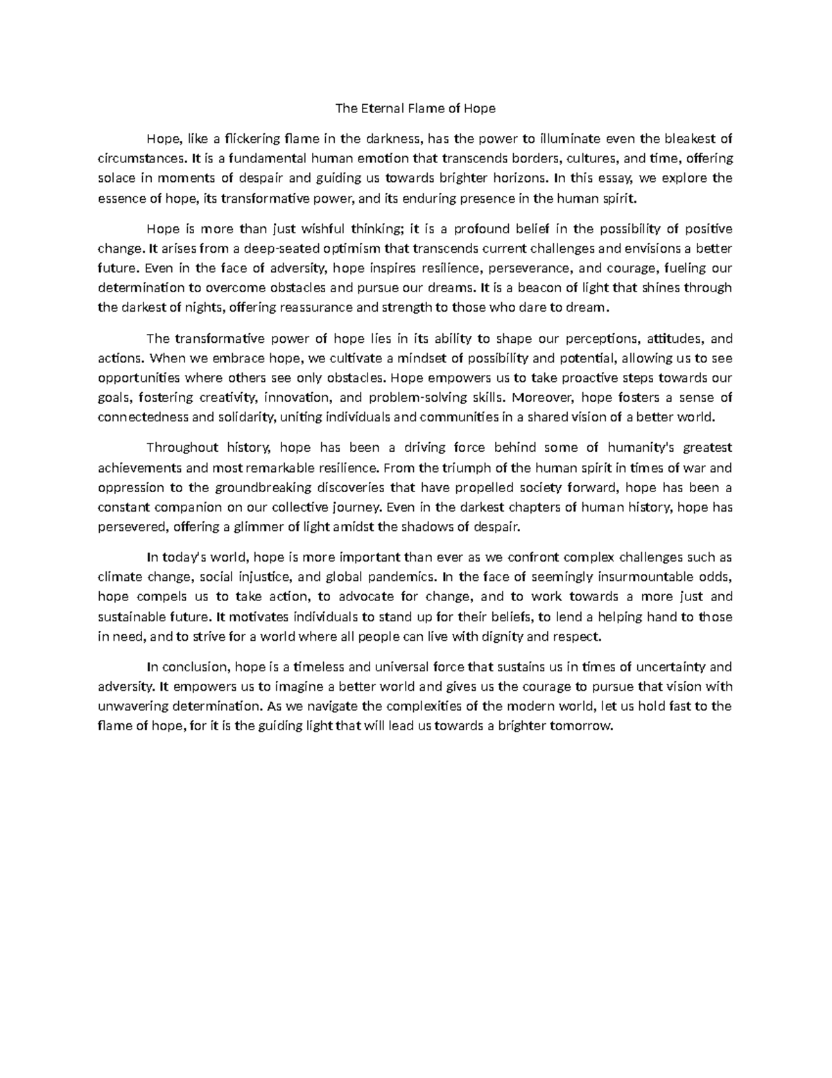 Hope - essay about hope - The Eternal Flame of Hope Hope, like a ...