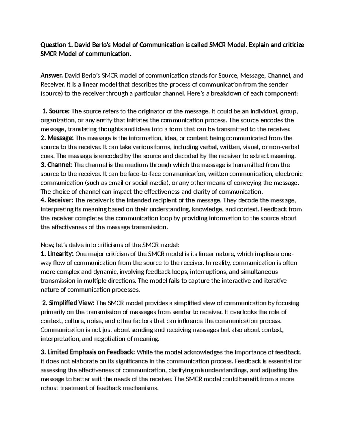 Assignmt - Question 1. David Berlo's Model of Communication is called ...