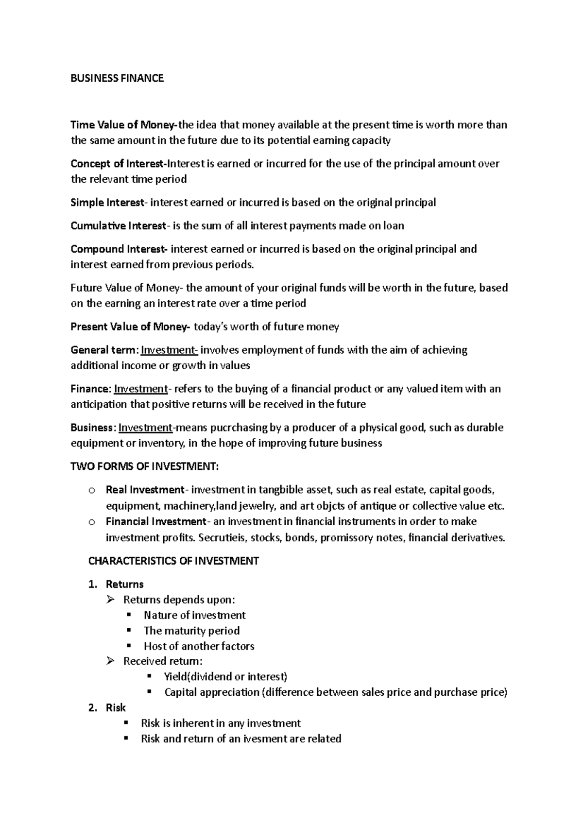 Business- Finance-Notes - BUSINESS FINANCE Time Value of Money-the idea ...