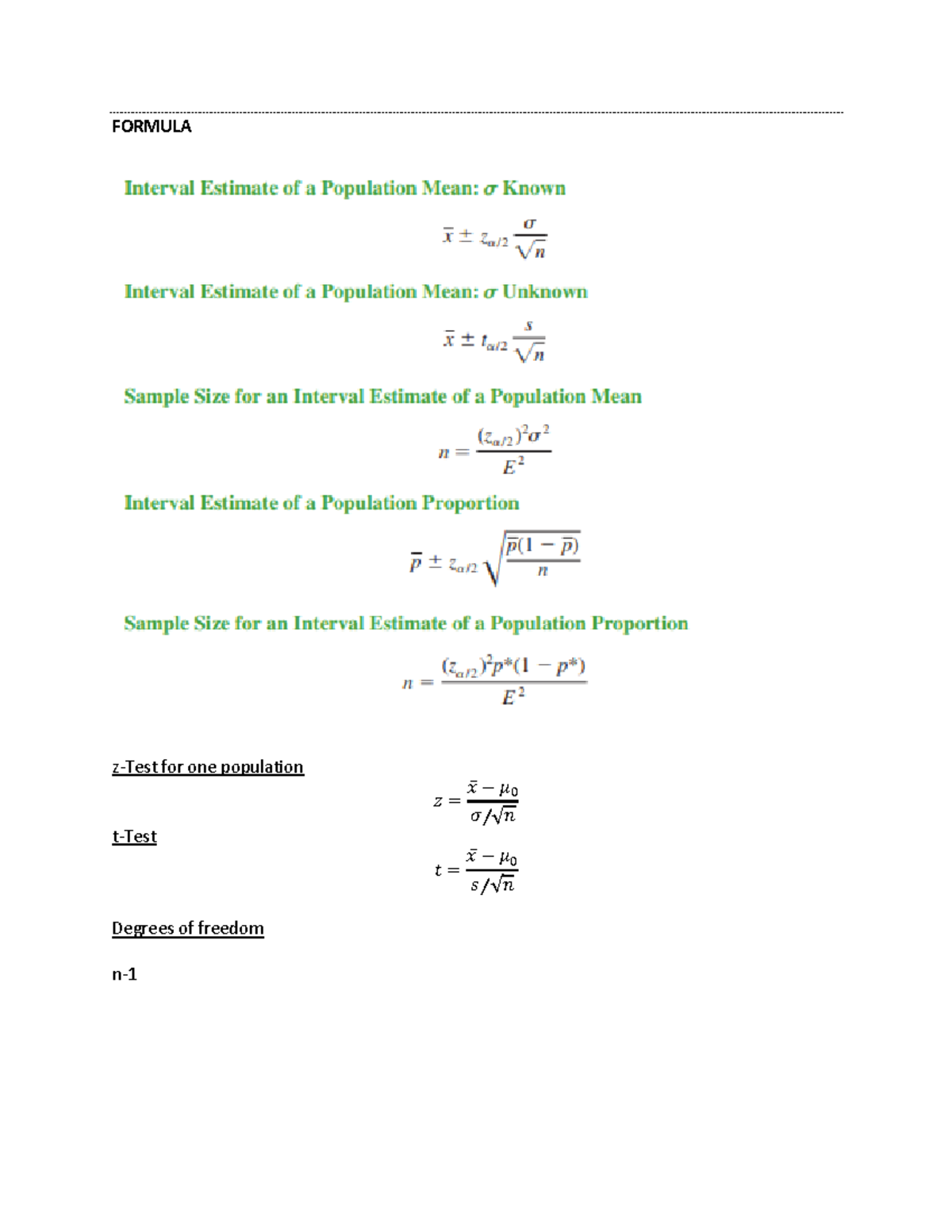 Formula Sheet for Quiz 2 - FORMULA z-Test for one population 𝑧 = 𝑥̅ − 𝜇 ...