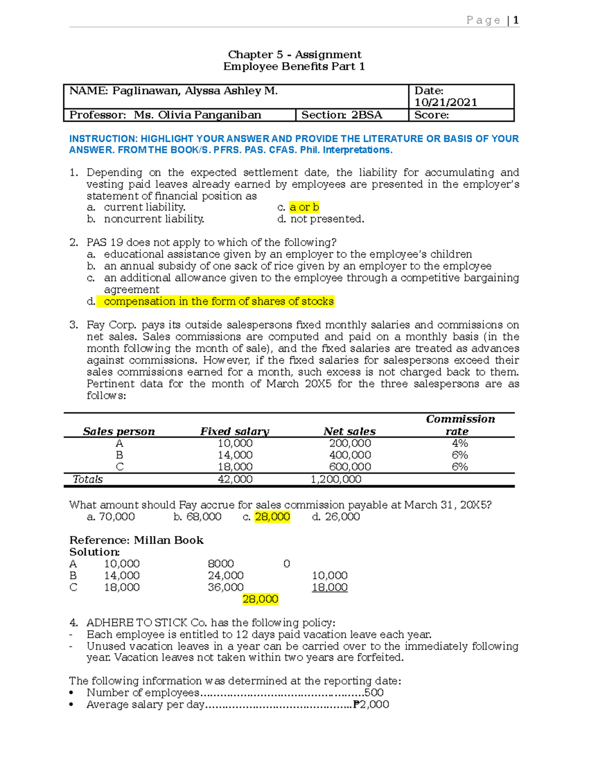 Paglinawan - HW Chapter 5 Employee Benefits PART 1 2021 - P a g e | 1 Chapter 5 - Assignment ...