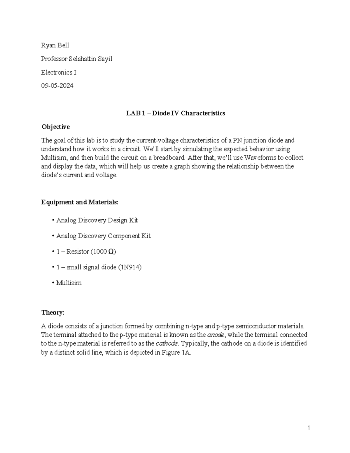 Lab Report 1 Intro - Ryan Bell Professor Selahattin Sayil Electronics I ...