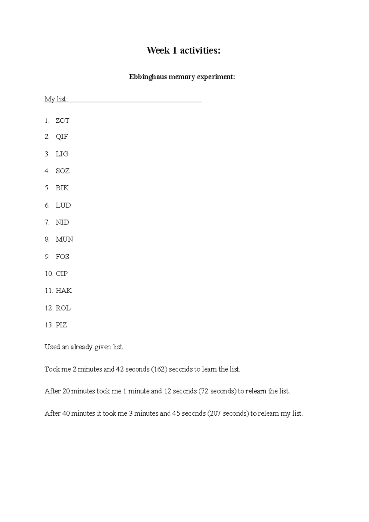 Week 1 activities cognition performance - Week 1 activities: Ebbinghaus ...