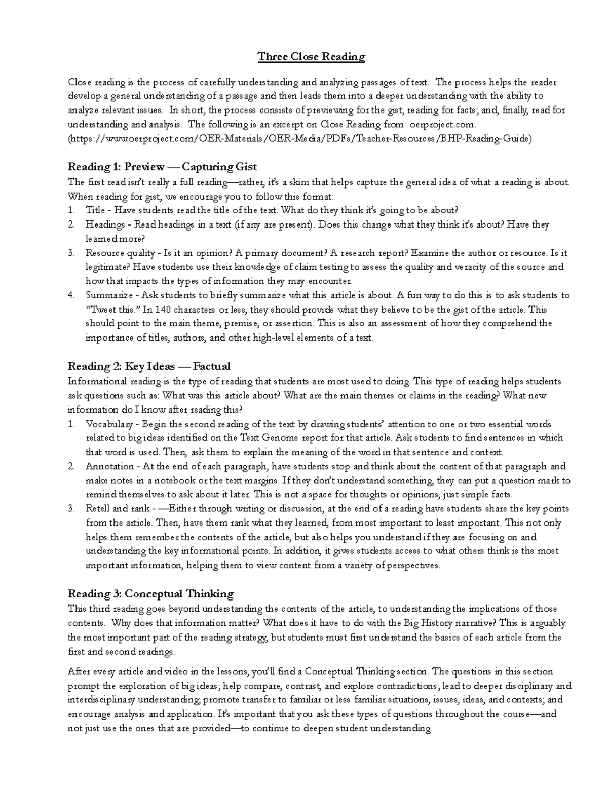 Three Close Reading Handout - Three Close Reading Close reading is the ...