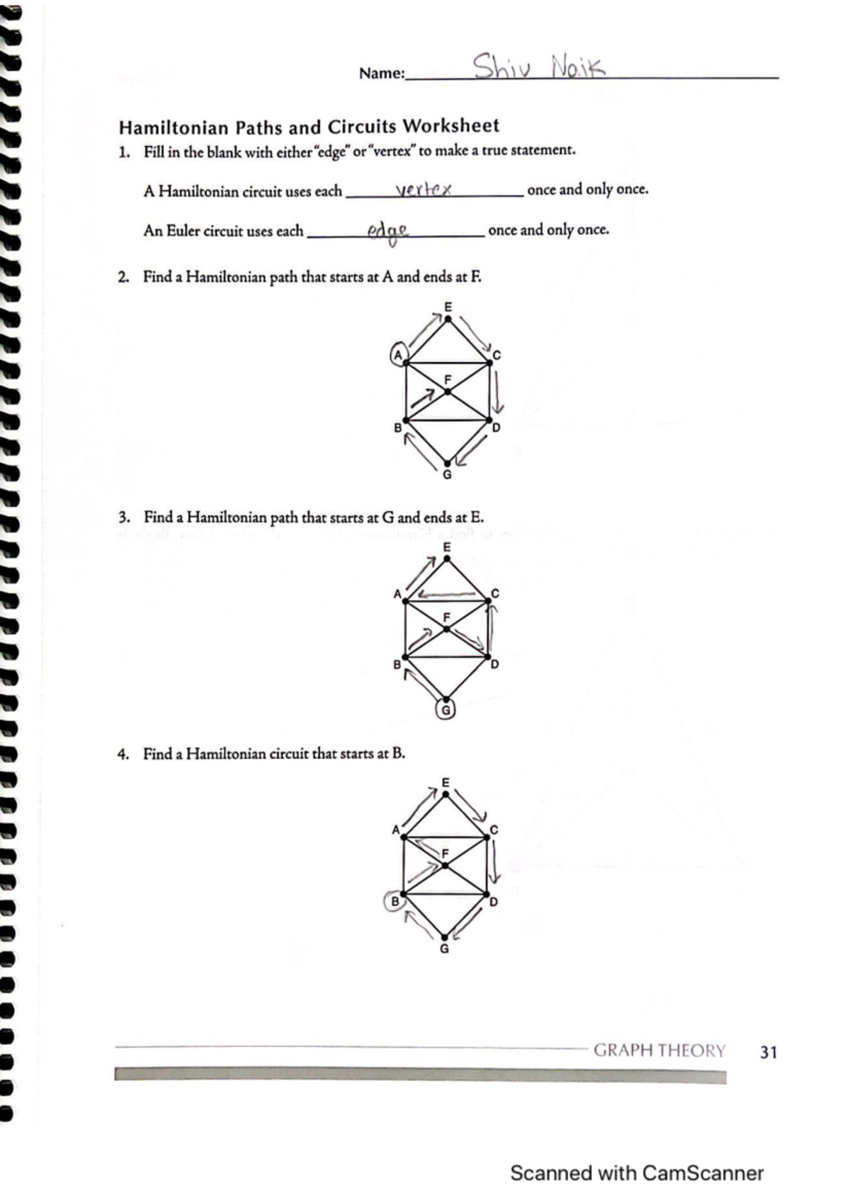 Hamiltonian Paths and Circuits Worksheet - Fill in the blank with or to make a true statement. A ...