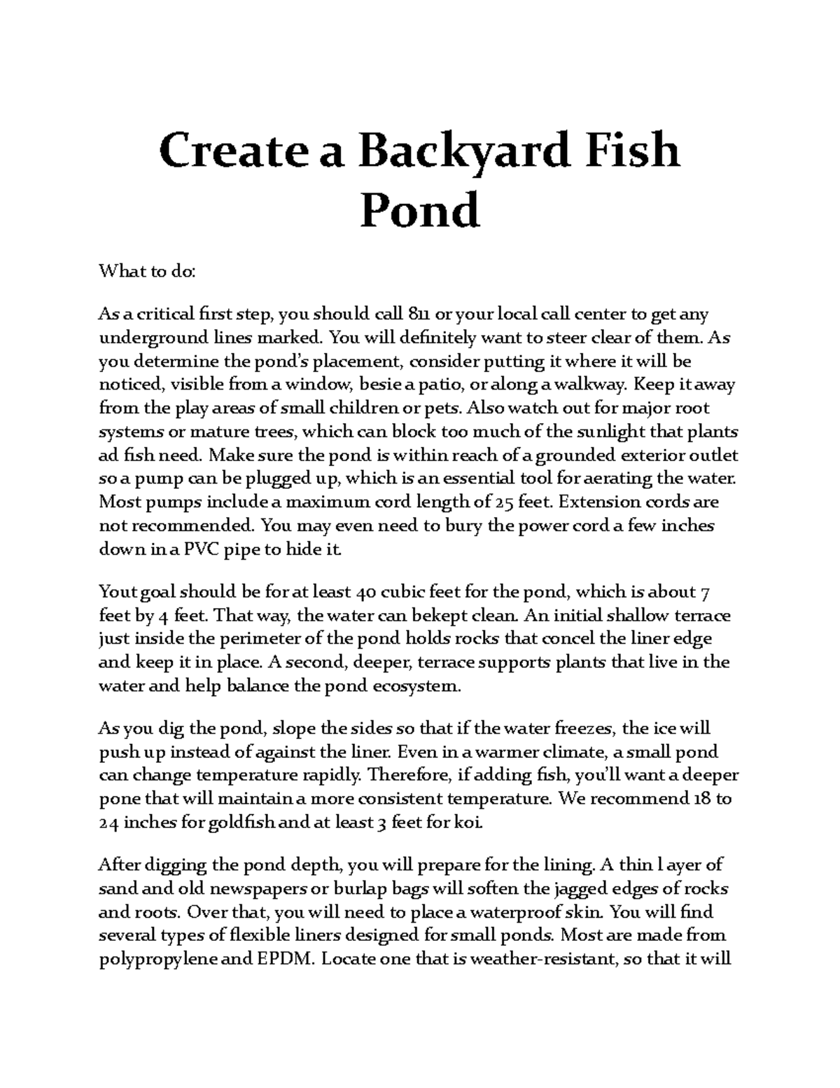 Fish and its applications - Create a Backyard Fish Pond What to do: As ...