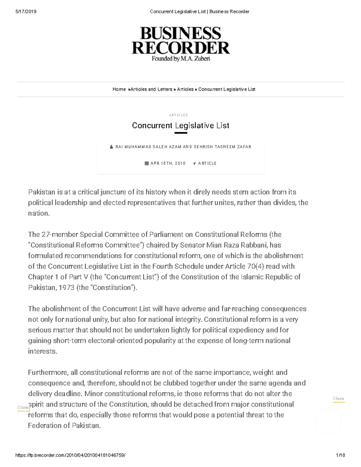 Concurrent Legislative List Business Recorder - Pakistan is at a ...