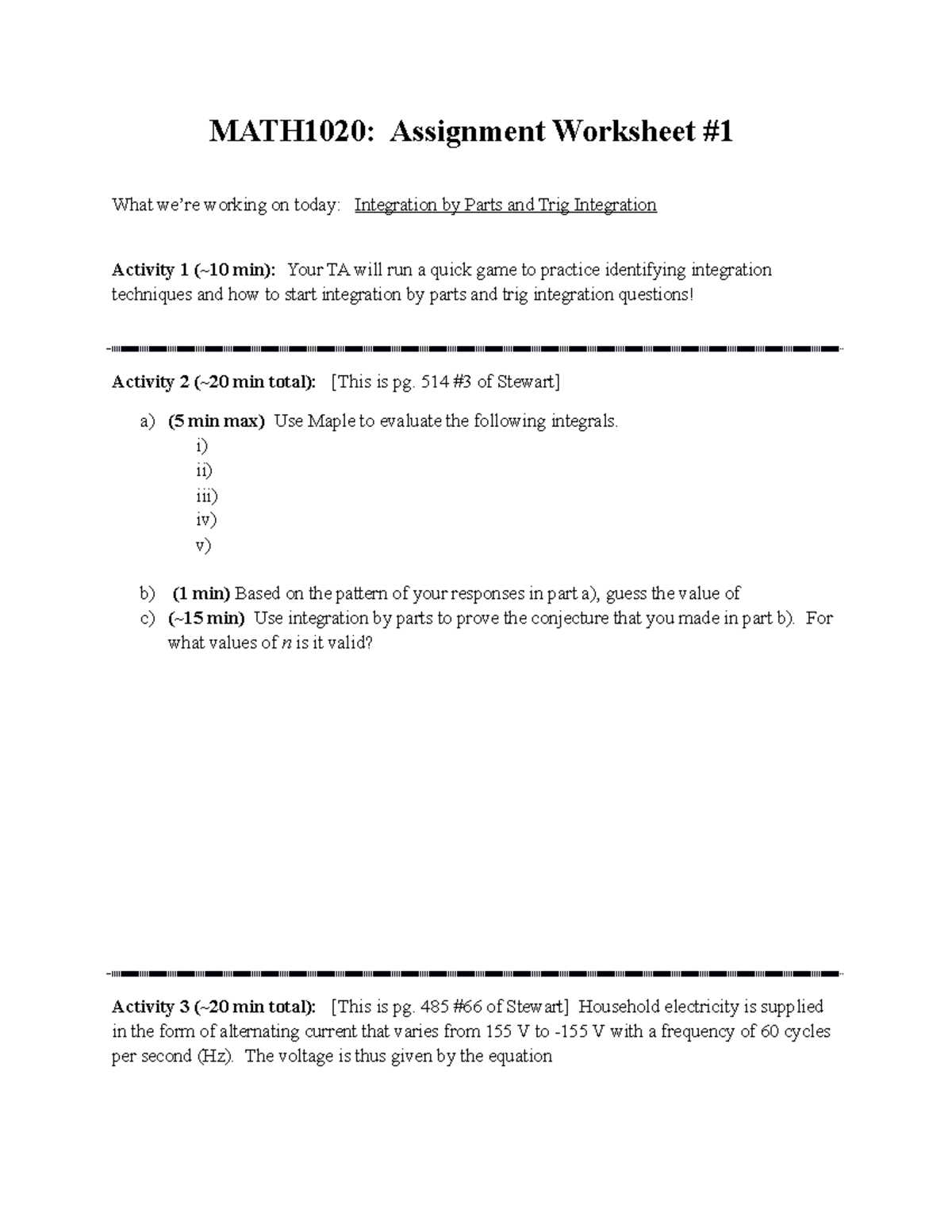 Tutorialworksheet 1NEW - MATH1020: Assignment Worksheet What we’re working on today: Integration ...