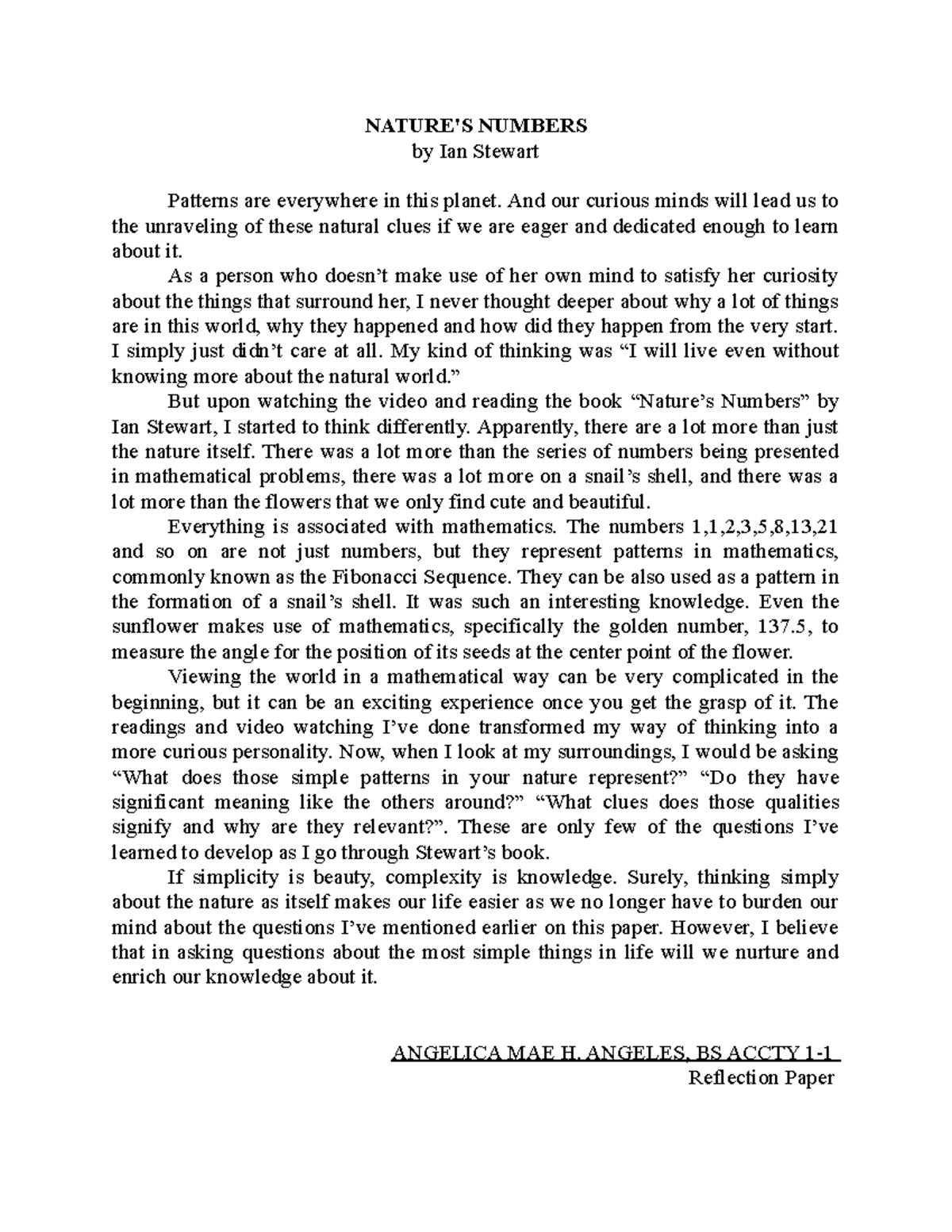 Reflection Paper MMW - NATURE'S NUMBERS by Ian Stewart Patterns are ...