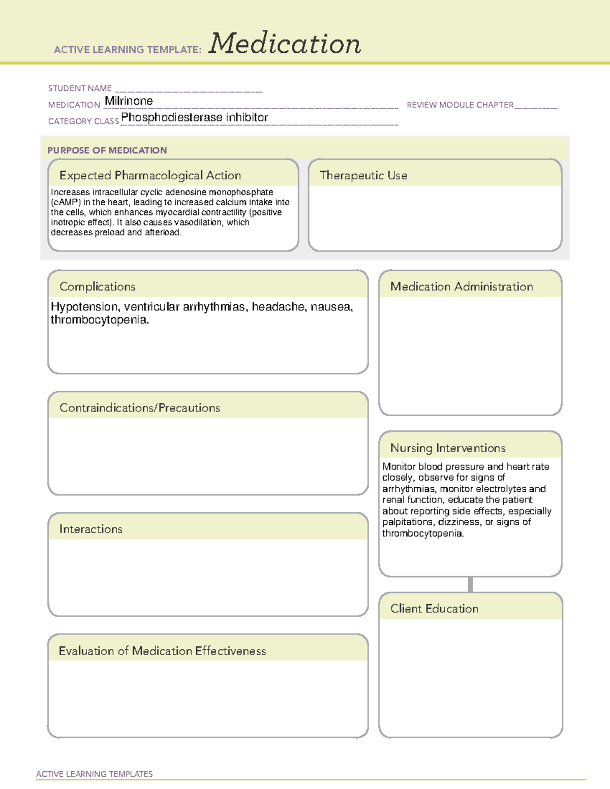 Milrinone - meds - ACTIVE LEARNING TEMPLATES Medication STUDENT NAME ...